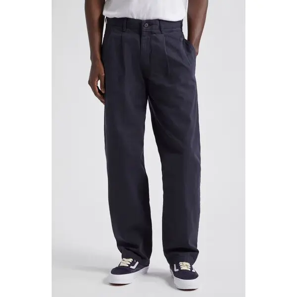NOAH Double Pleat Cotton Herringbone Trousers - Navy