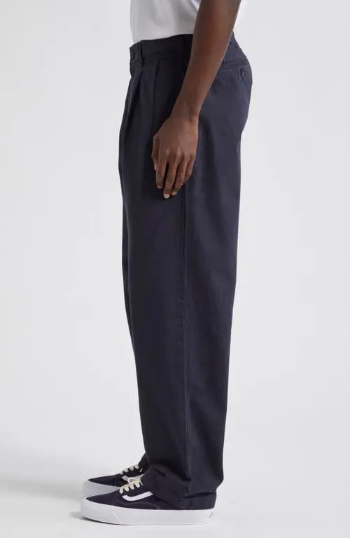 NOAH Double Pleat Cotton Herringbone Trousers - Navy