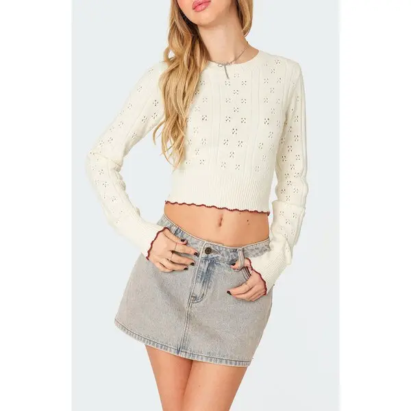 EDIKTED Pointelle Stitch Crop Sweater