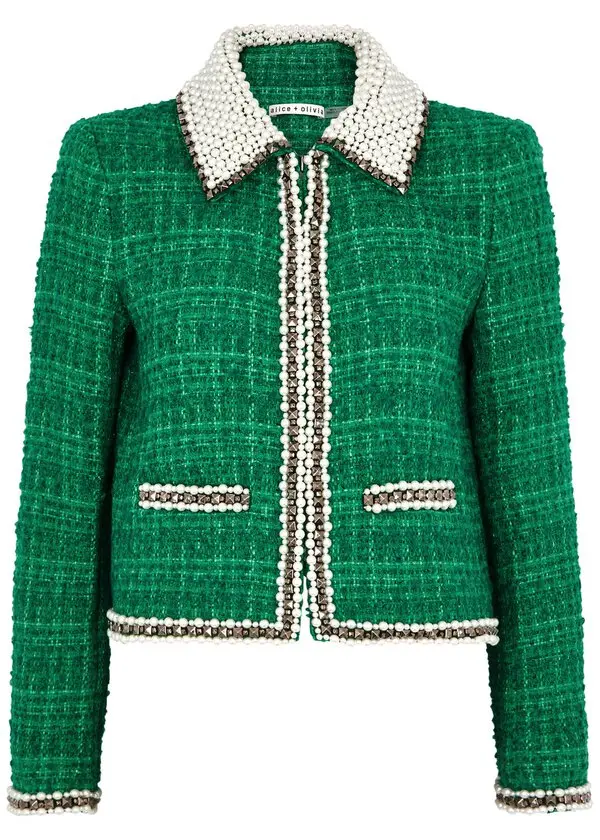 Alice + Olivia Kidman Embellished Tweed Jacket - Green