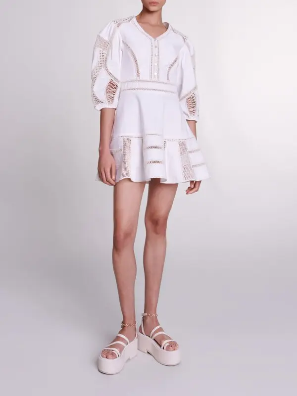 Maje Cotton Short Dress With Crochet Detail - Ecru