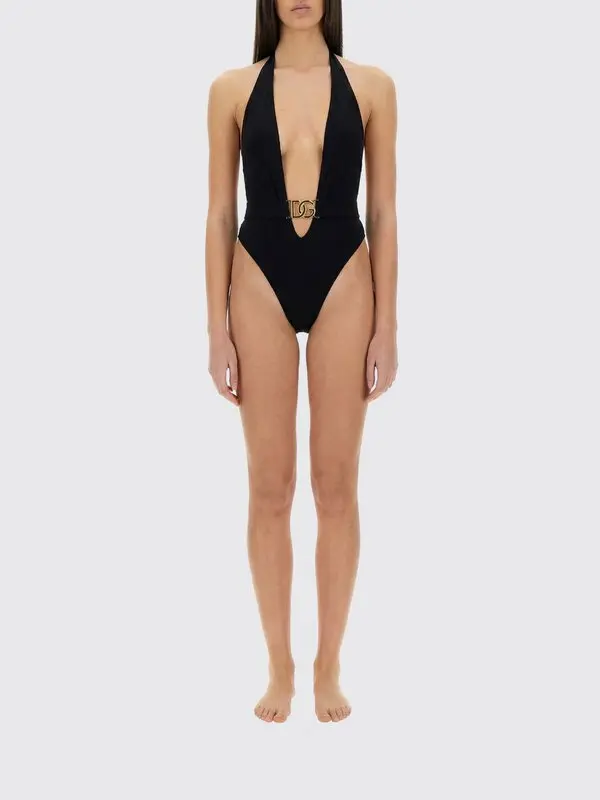Dolce & Gabbana One Piece Swimsuit With Gold Buckle Detail - Black