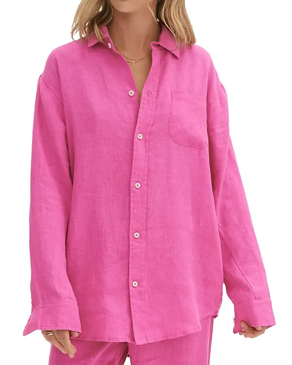 Desmond & Dempsey Linen Lounge Shirt - Cerise