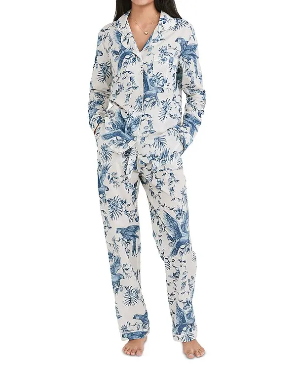 Desmond & Dempsey Jag Long Pajama Set - Cream/blue