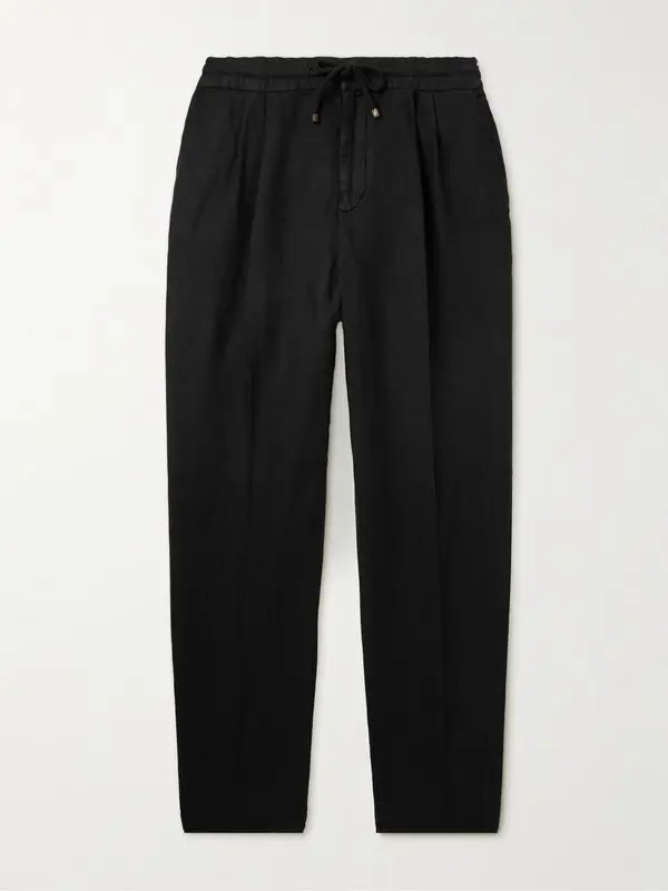 Brunello Cucinelli Straight-leg Pleated Linen-twill Drawstring Trousers - Black
