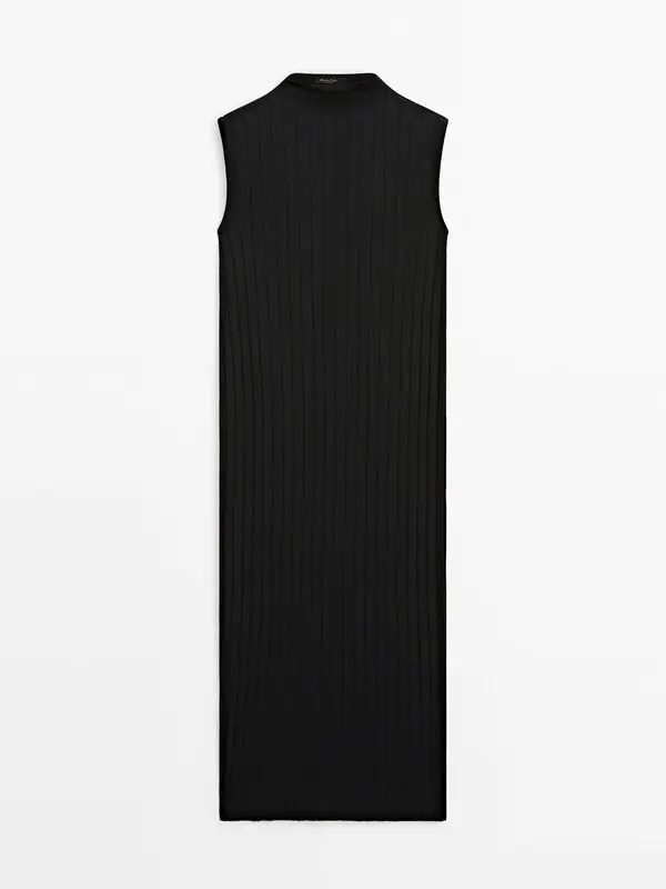 Massimo Dutti Ribbed Knit Midi Dress - Black | Editorialist
