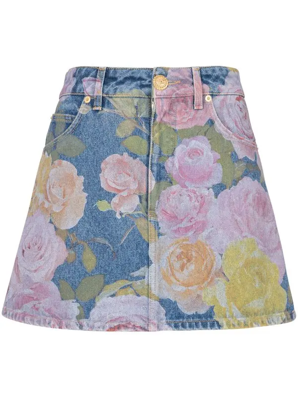 Balmain Floral-print Denim Miniskirt - Blue