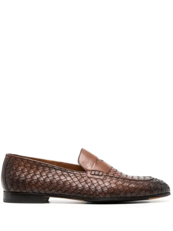 DOUCAL'S Woven Leather Penny Loafers - Brown