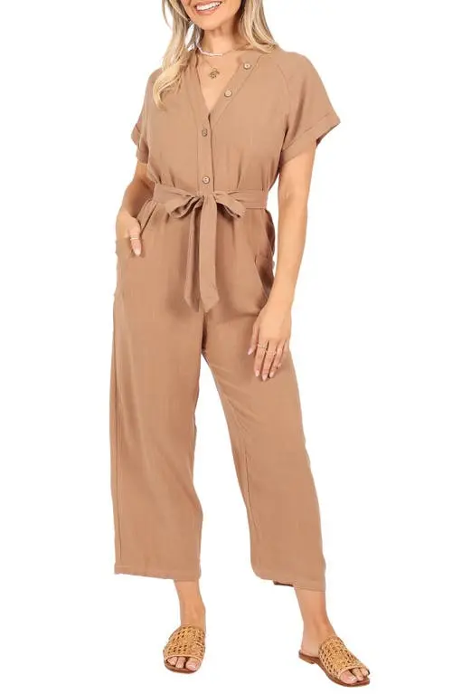 PETAL & PUP Archie Tie Waist Linen Jumpsuit - Mocha