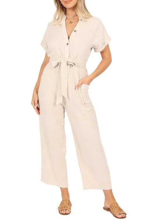 PETAL & PUP Archie Tie Waist Linen Jumpsuit - Oat