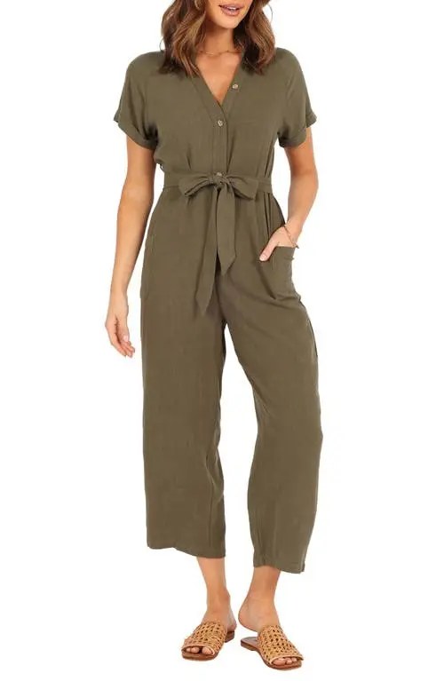 PETAL & PUP Archie Tie Waist Linen Jumpsuit - Olive