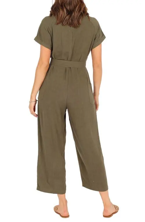 PETAL & PUP Archie Tie Waist Linen Jumpsuit - Olive