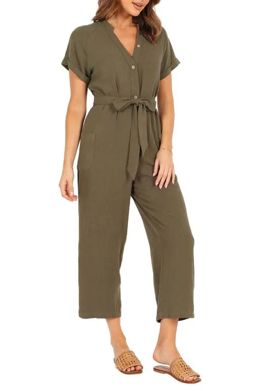 PETAL & PUP Archie Tie Waist Linen Jumpsuit - Olive