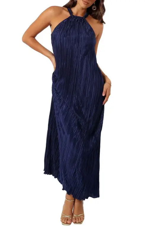 PETAL & PUP Melody Plissé Maxi Dress - Navy