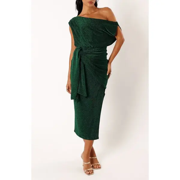 PETAL & PUP Santiago Metallic One-shoulder Midi Dress - Emerald