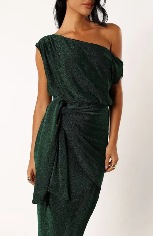 Petal & Pup Santiago Metallic One-Shoulder Midi Dress - Emerald |  Editorialist