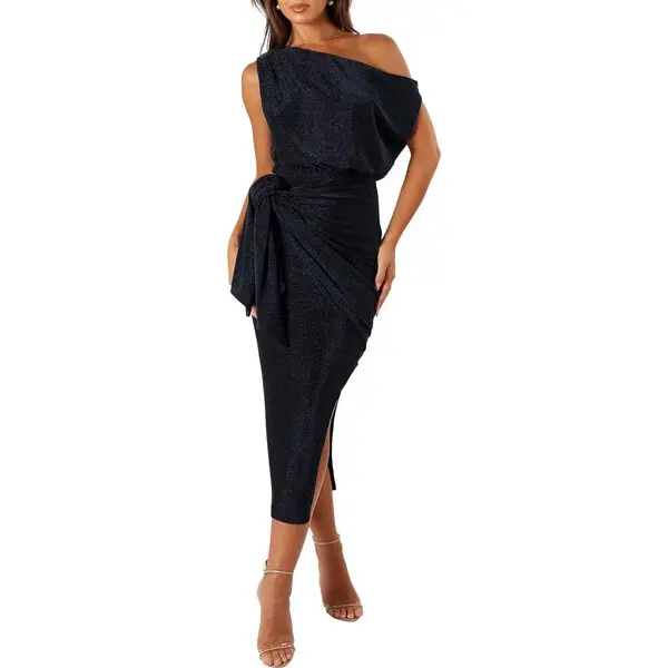 PETAL & PUP Santiago Metallic One-shoulder Midi Dress - Navy