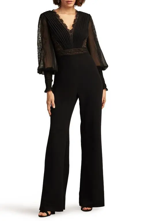 Tadashi Shoji Pintuck Pleat Long Sleeve Jumpsuit - Black/nude