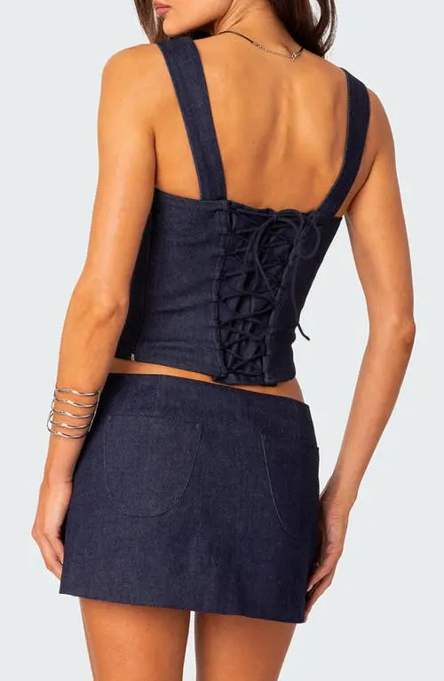 EDIKTED Jemma Lace-up Denim Corset Crop Top - Dark-blue