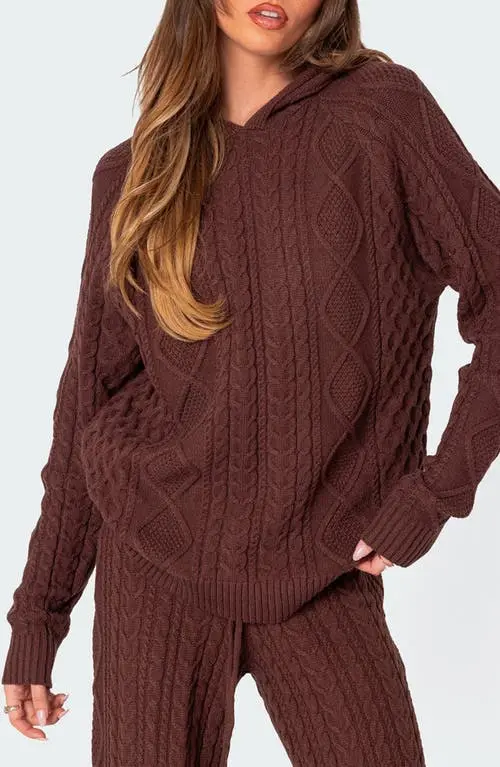 EDIKTED Cable Knit Hoodie - Brown