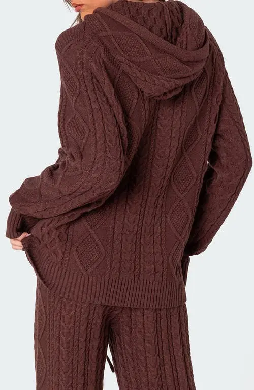 EDIKTED Cable Knit Hoodie - Brown