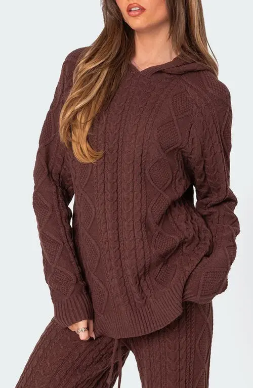 EDIKTED Cable Knit Hoodie - Brown