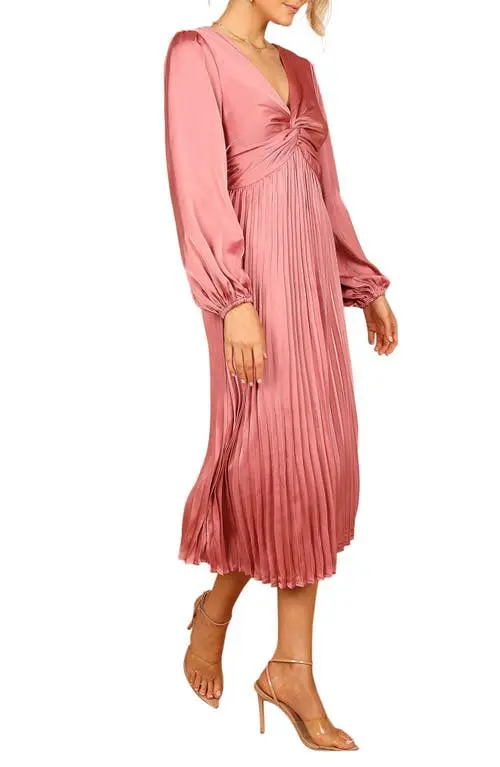 PETAL & PUP Noelle Long Sleeve Pleated Satin Midi Dress