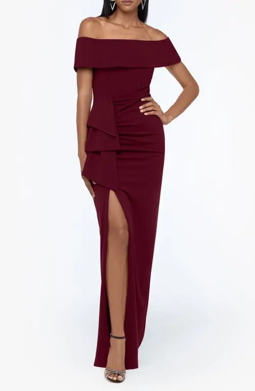 XSCAPE EVENINGS Ruched Off-the-shoulder Crepe Gown - Burgundy