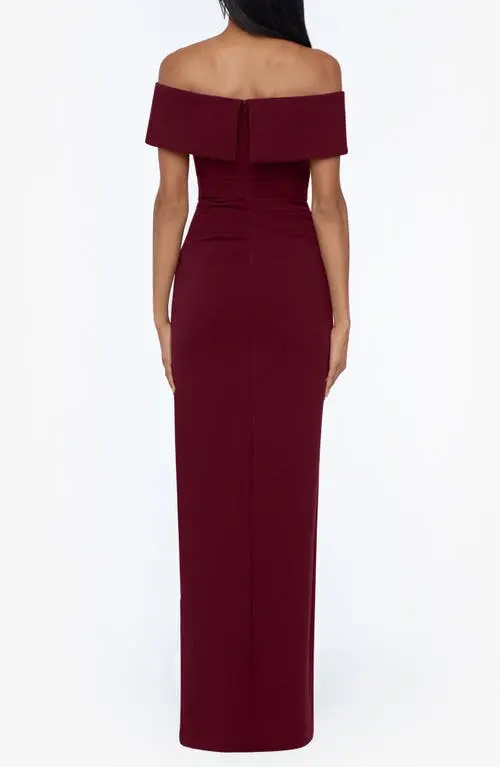 XSCAPE EVENINGS Ruched Off-the-shoulder Crepe Gown - Burgundy