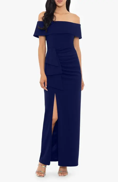 XSCAPE EVENINGS Ruched Off-the-shoulder Crepe Gown - Navy