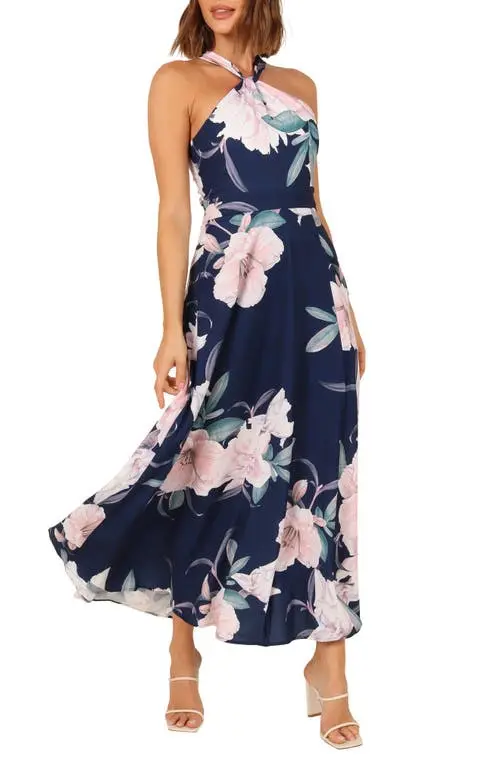 PETAL & PUP Miara Floral Print Halter Dress - Navy