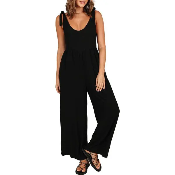 PETAL & PUP Ayla Tie Shoulder Linen Jumpsuit - Black