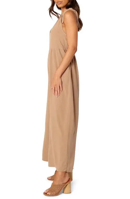 PETAL & PUP Ayla Tie Shoulder Linen Jumpsuit - Mocha