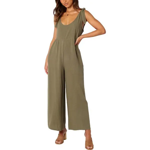 PETAL & PUP Ayla Tie Shoulder Linen Jumpsuit - Olive
