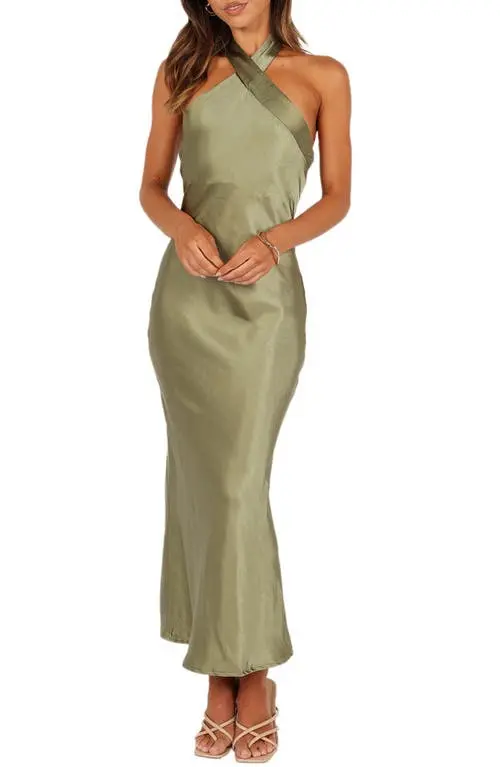 Petal & Pup Grasie Stretch Satin Halter Dress In Olive - 25% Off |  Editorialist