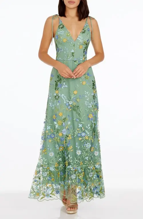 Dress The Population Sunny Embroidered Floral A-line Gown - Sage Multi