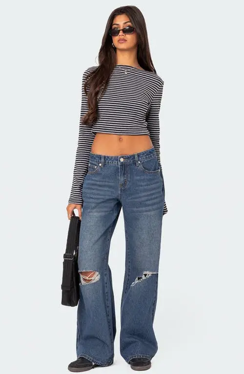 EDIKTED Charlee Stripe Crop Top - Gray
