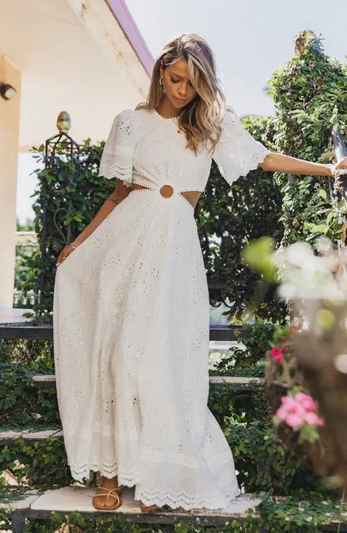PETAL & PUP Merletto Eyelet Maxi Dress With Cutout