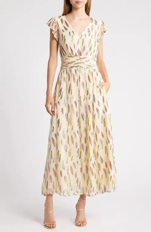 jennsen ruched flutter sleeve maxi dress Ciebon Jennsen Metallic Flutter Sleeve Maxi Dress In Almond - 45% Off