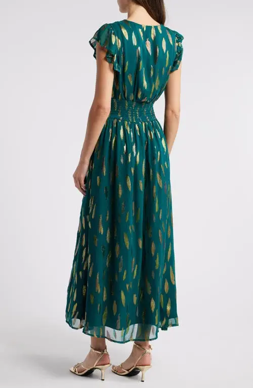 CIEBON Jennsen Metallic Flutter Sleeve Maxi Dress