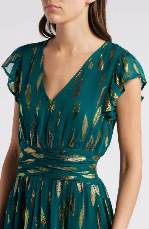 CIEBON Jennsen Metallic Flutter Sleeve Maxi Dress