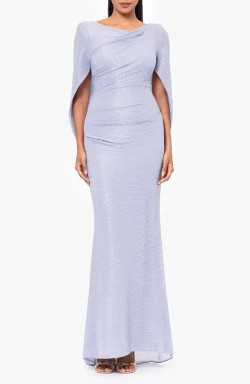 Betsy & Adam Metallic Crinkle Cape Sleeve Trumpet Gown - Blue/silver