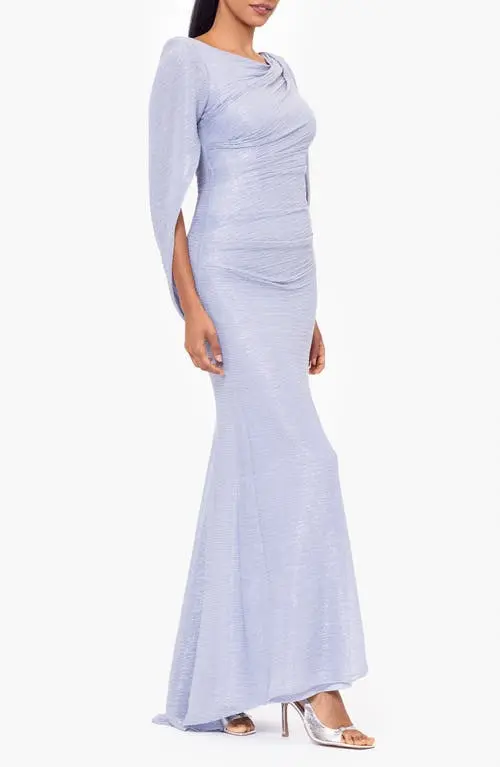 Betsy & Adam Metallic Crinkle Cape Sleeve Trumpet Gown - Blue/silver
