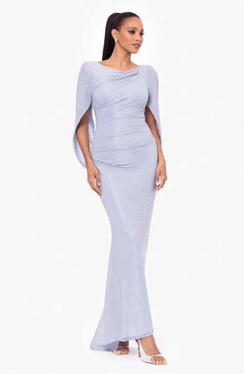 Betsy & Adam Metallic Crinkle Cape Sleeve Trumpet Gown - Blue/silver