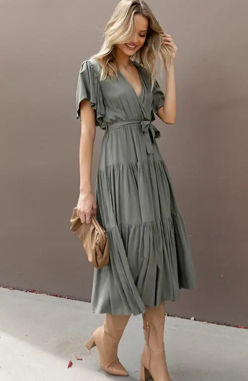 PETAL & PUP Barker Tiered Faux Wrap Dress - Olive