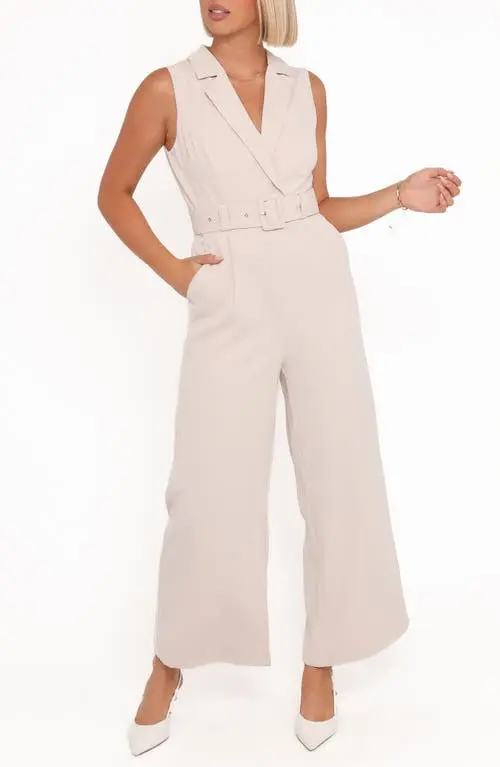 PETAL & PUP Sienna Belted Sleeveless Wide Leg Jumpsuit - Beige