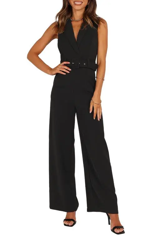 PETAL & PUP Sienna Belted Sleeveless Wide Leg Jumpsuit - Black