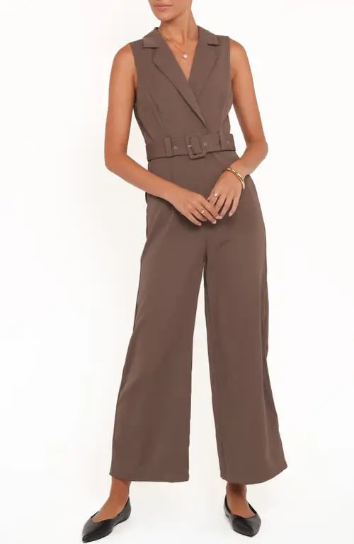 PETAL & PUP Sienna Belted Sleeveless Wide Leg Jumpsuit - Khaki Brown