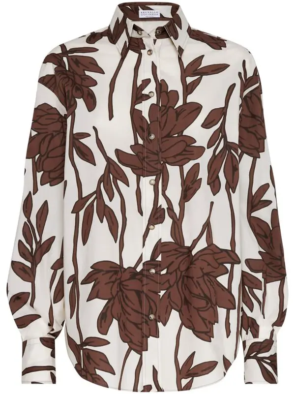 Brunello Cucinelli Floral Print Cotton Shirt - White