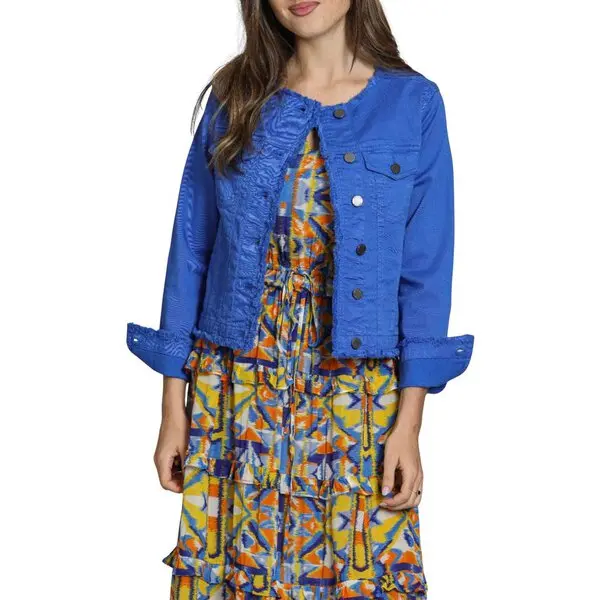 APNY Frayed Collarless Denim Jacket - Dazzling Blue